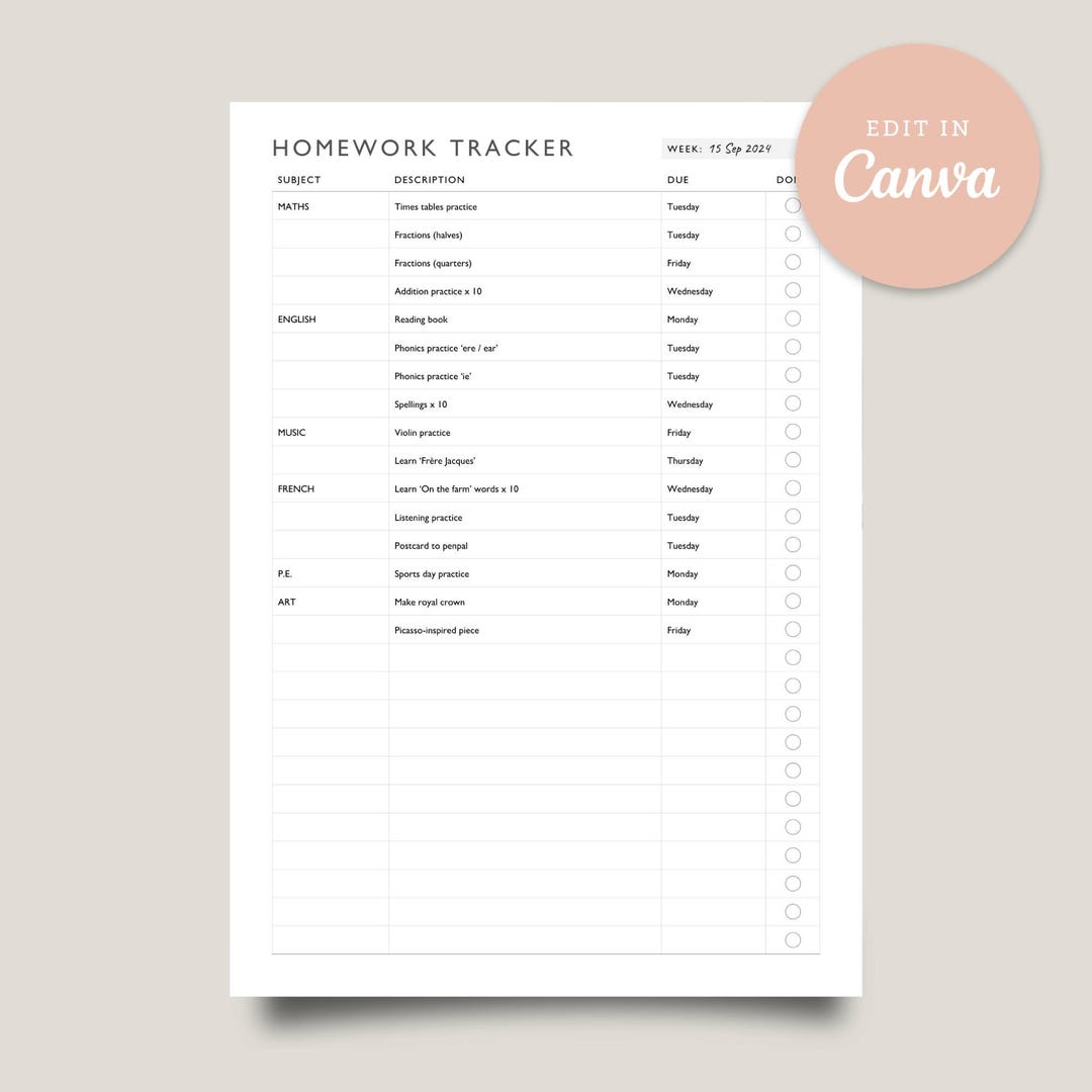 School Homework Planner Template Simple A4 Primary Secondary Editable ...
