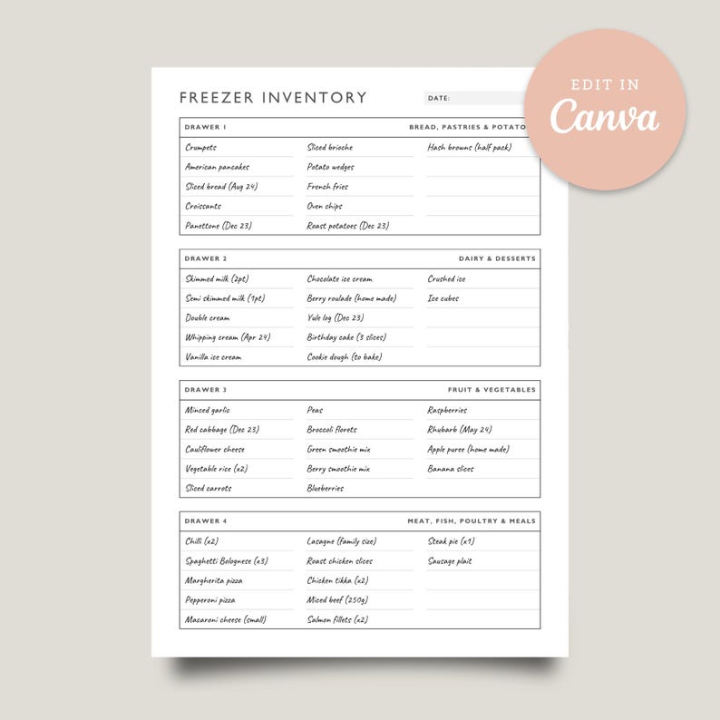 Freezer Inventory 4-drawer Template Simple A4 Editable Printable Canva ...