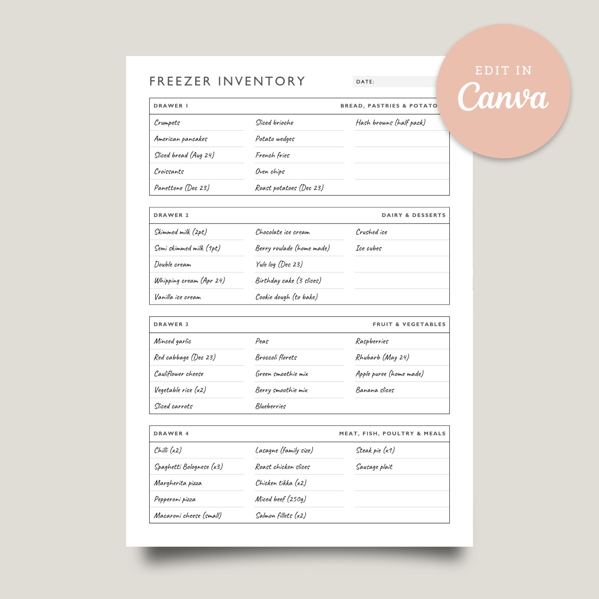 Freezer Inventory 4-drawer Template Simple A4 Editable Printable Canva ...