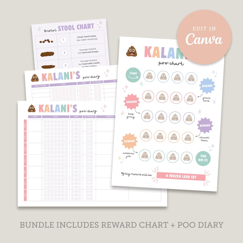 BUNDLE Kids Poo Stool Potty Reward Star Progress Chart + Diary Record ...