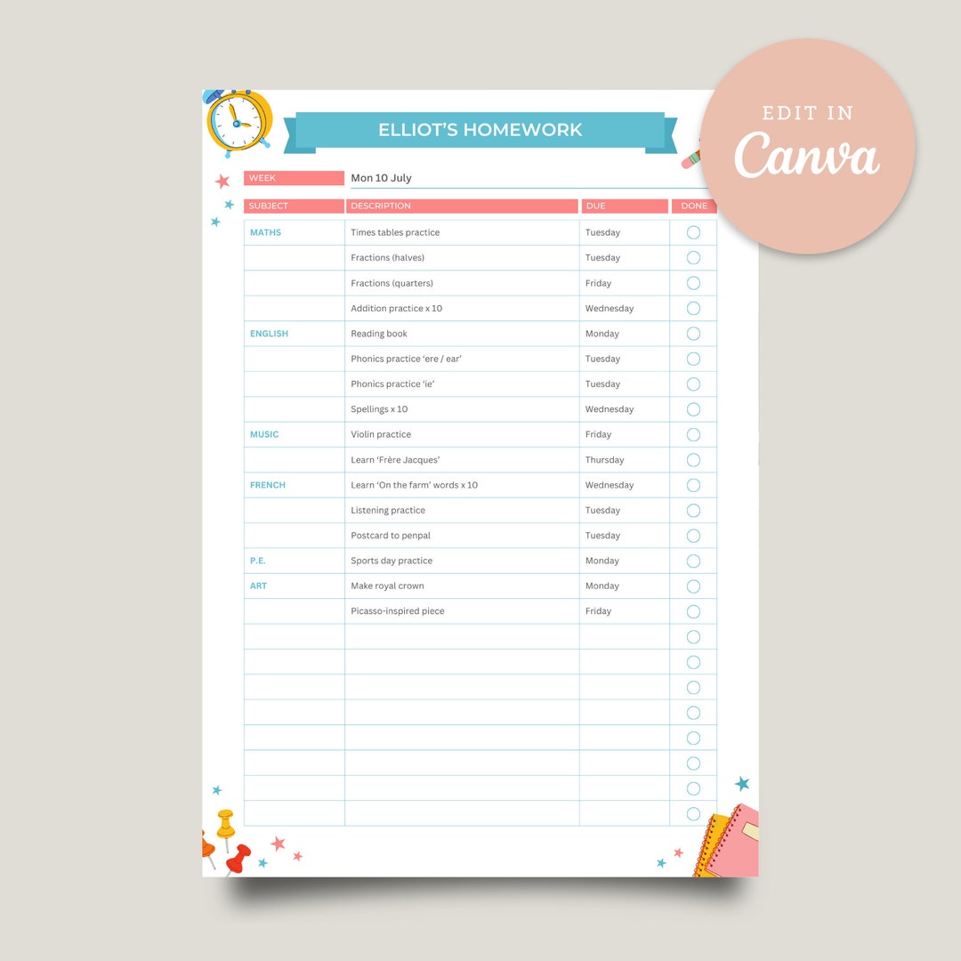 School Homework Planner Template Bright A4 Primary Secondary Editable ...