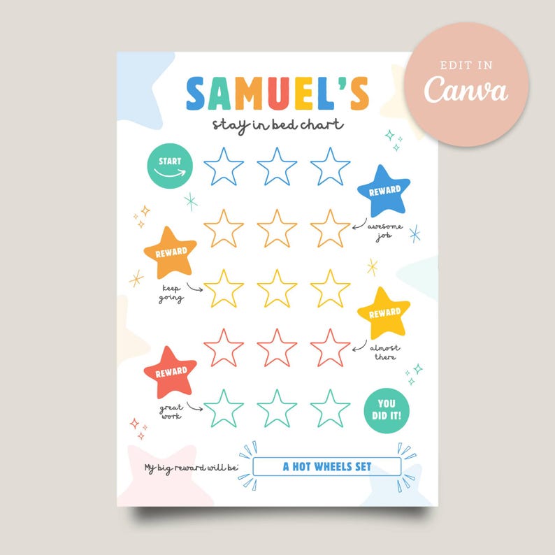 Stay in Bed Reward Star Chart Kids Bedtime Sleep Night Bright Printable ...
