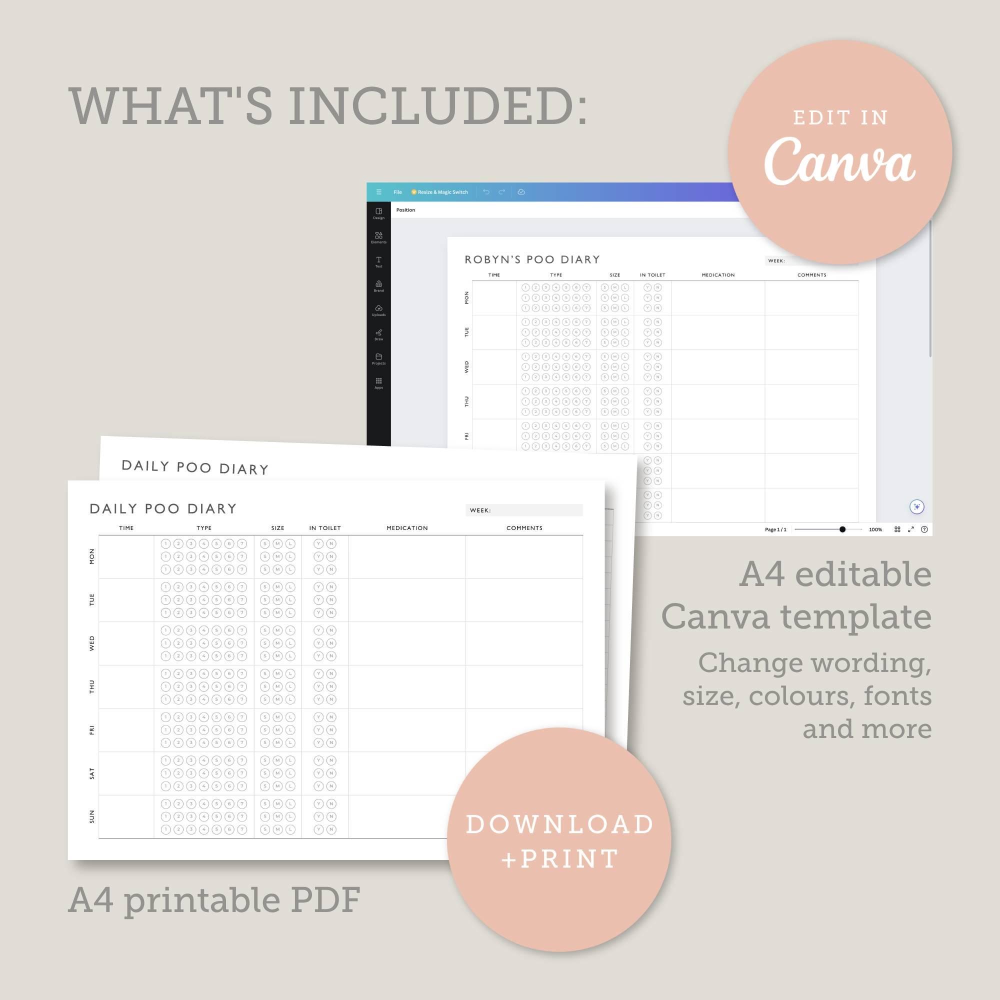 Kids Poo Stool Potty Chart Diary Record Simple Printable Editable A4 ...