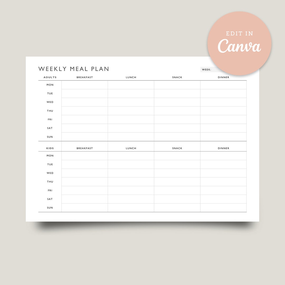 Family Weekly Meal Planner Template Adults and Kids Separate A4 ...