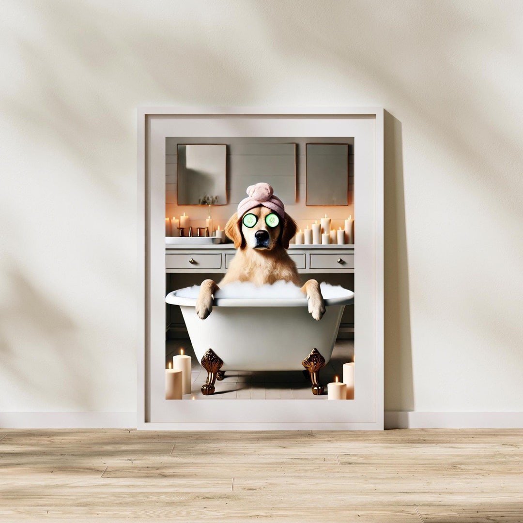 Golden Retriever Spa Day, Funny Dog Digital Art, Relaxing Bathroom ...