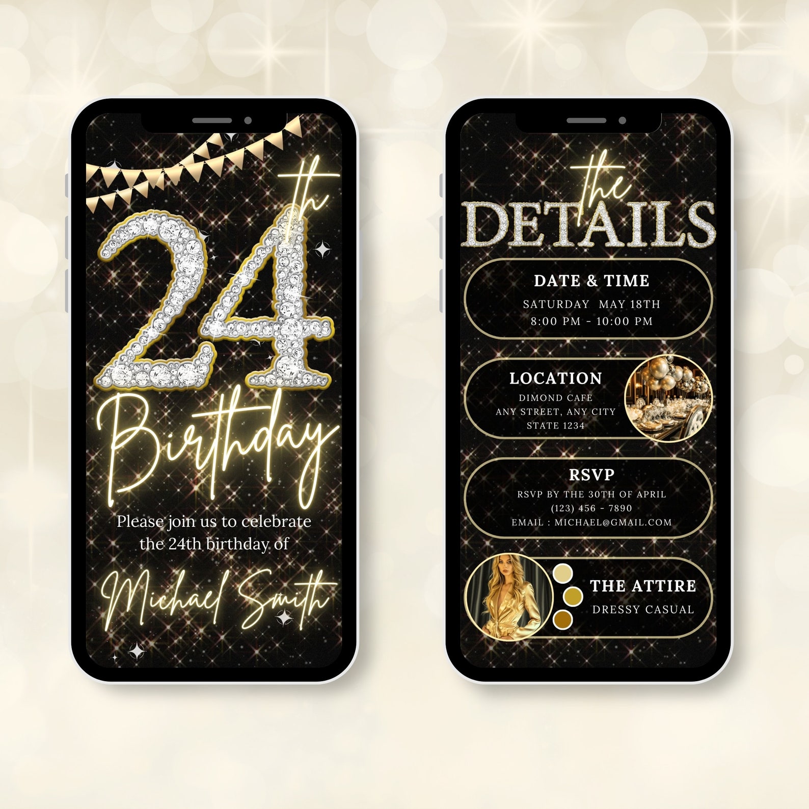 Editable Black & Gold 24th Birthday Digital Animated Invitation Canva Template, Customizable ...