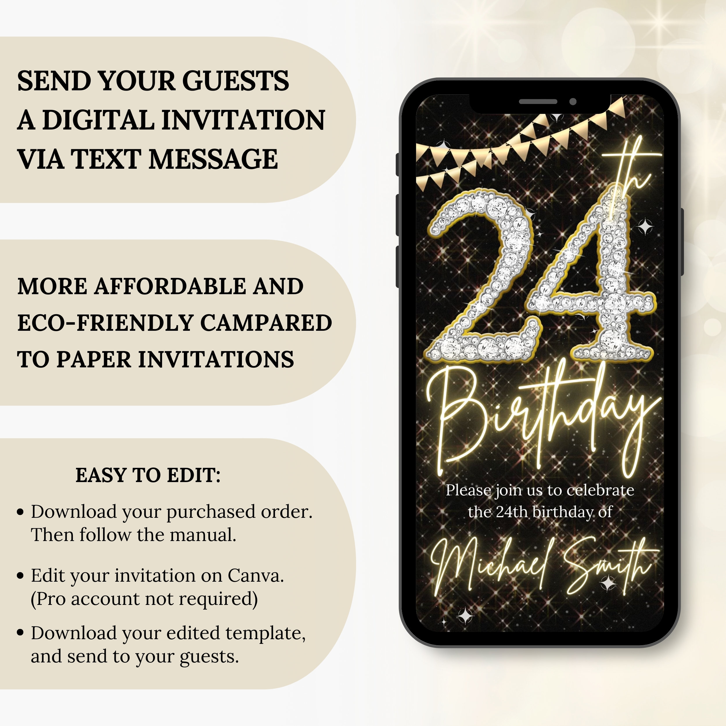 Editable Black & Gold 24th Birthday Digital Animated Invitation Canva ...