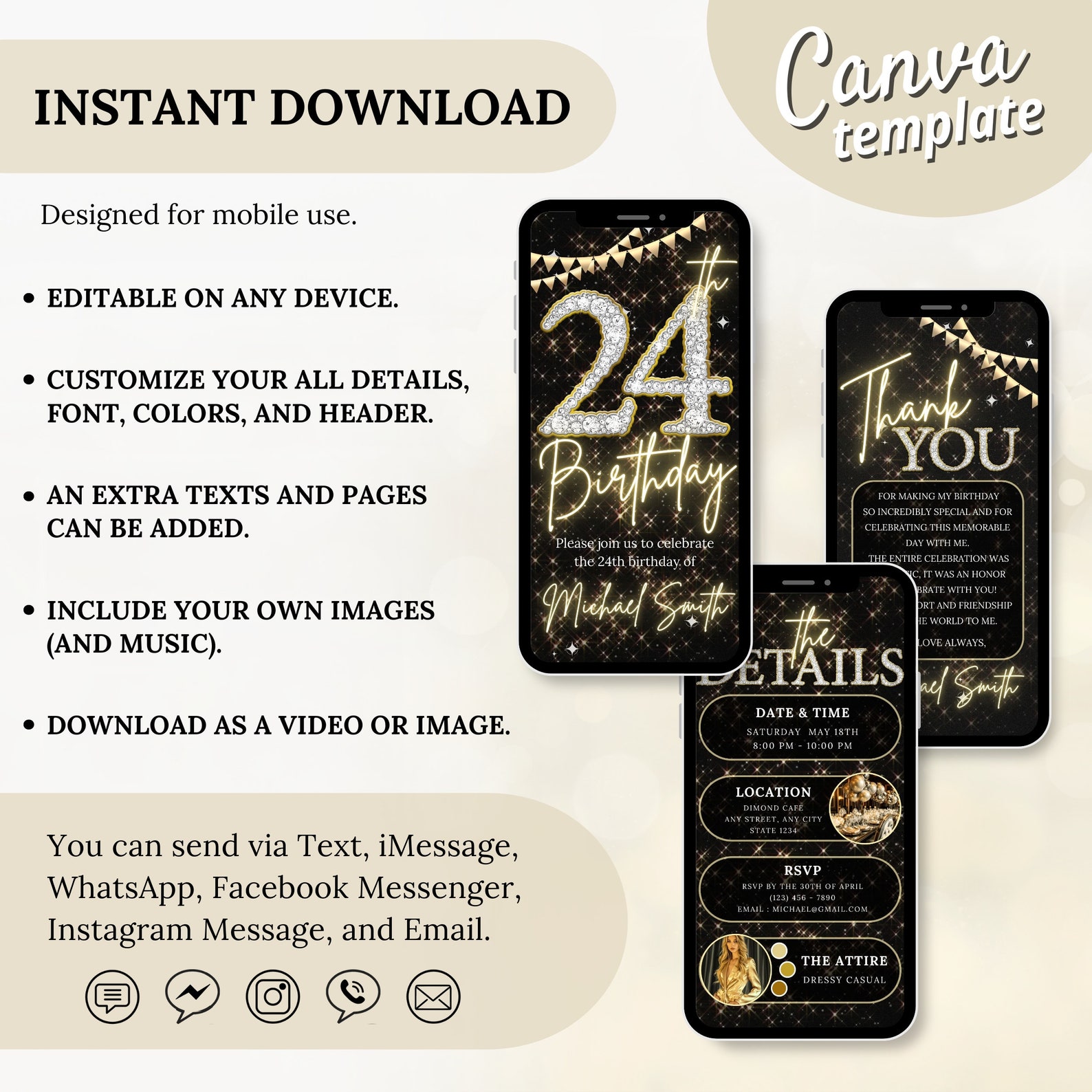 Editable Black & Gold 24th Birthday Digital Animated Invitation Canva Template, Customizable ...
