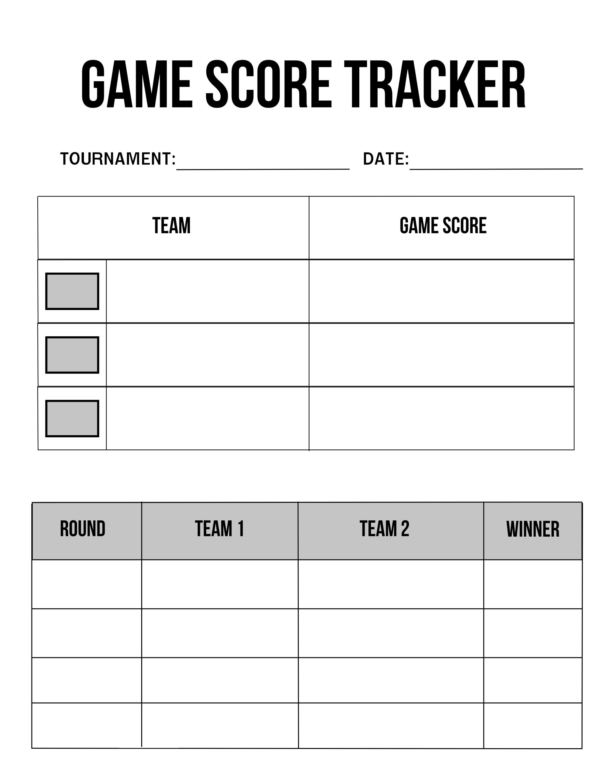 Printable Game Score Tracker Template - Tournament Bracket Sheet ...