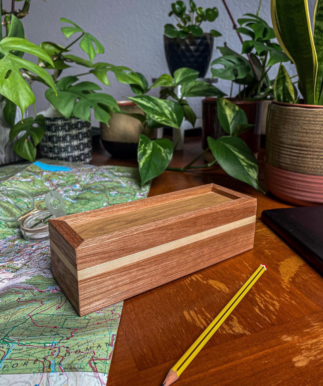 Handmade Oak and Sipo Wood Pencil Box With Pine Stripe - Etsy