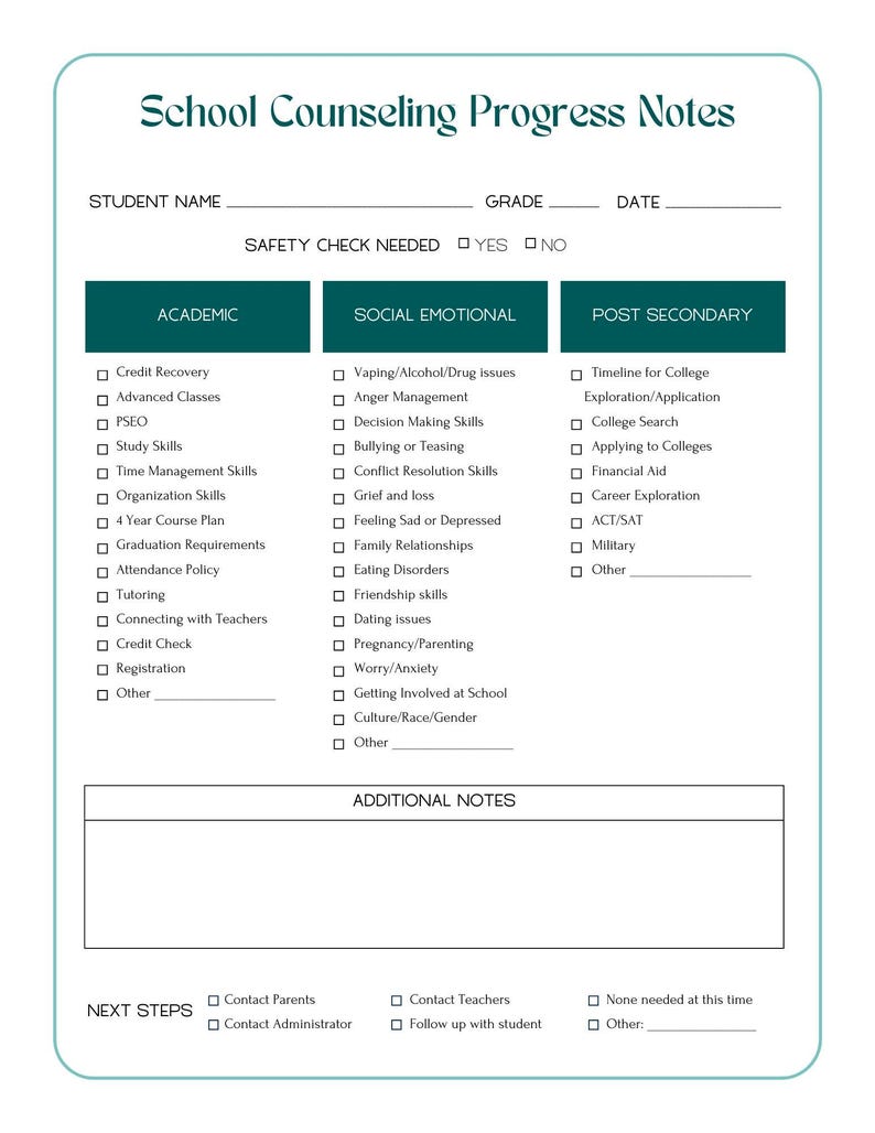 Counseling Progress Notes - School Counseling, Documentation, Digital ...