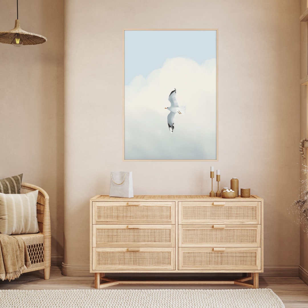 Seagull Flying in the Clouds Bird Poster Art With Wooden Frames ...