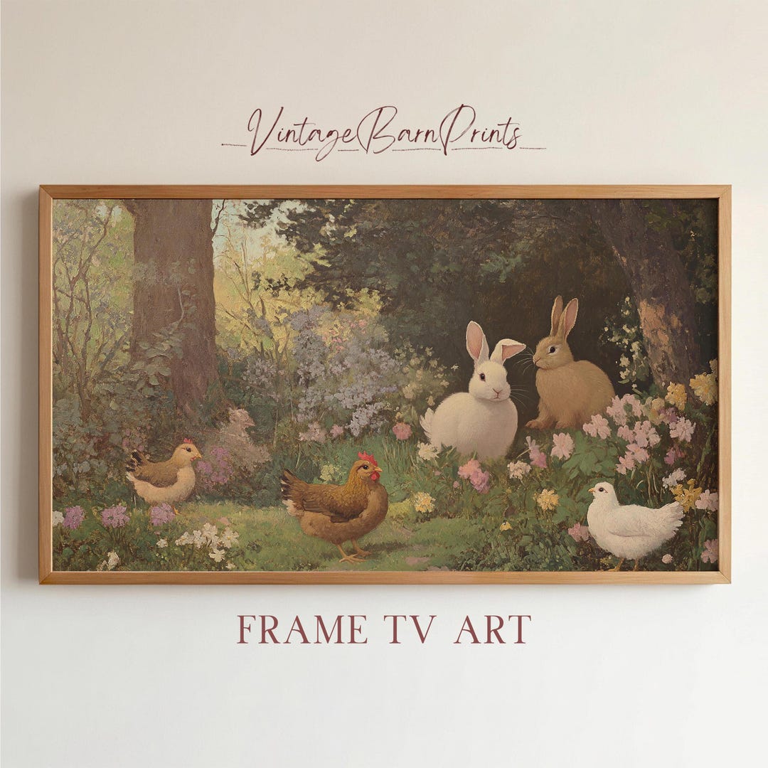 Spring Farmyard Frame TV Art, Vintage Bunny & Chicken Painting ...