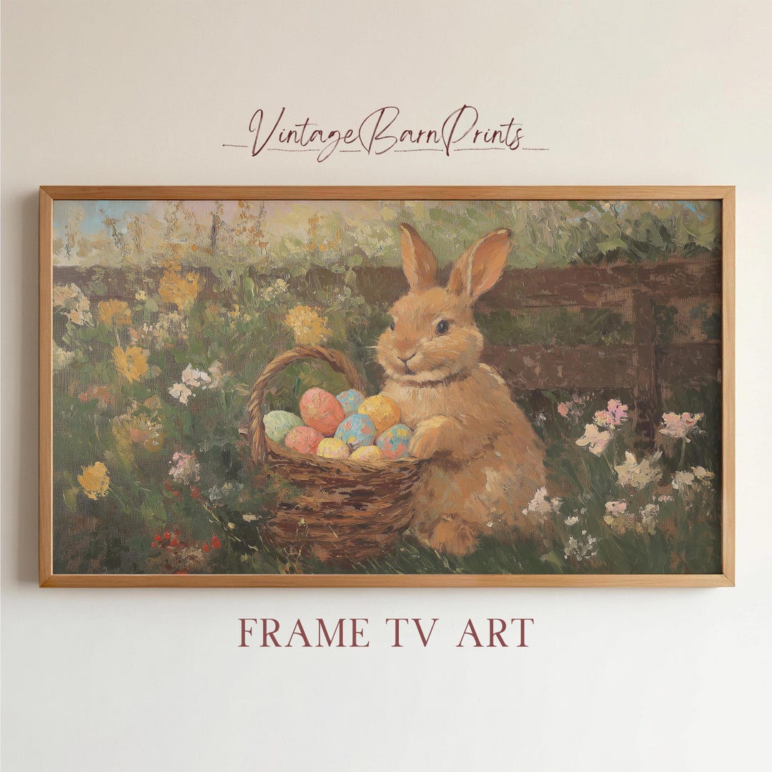 Easter Bunny Frame TV Art, Rustic Spring Rabbit Painting, Vintage ...