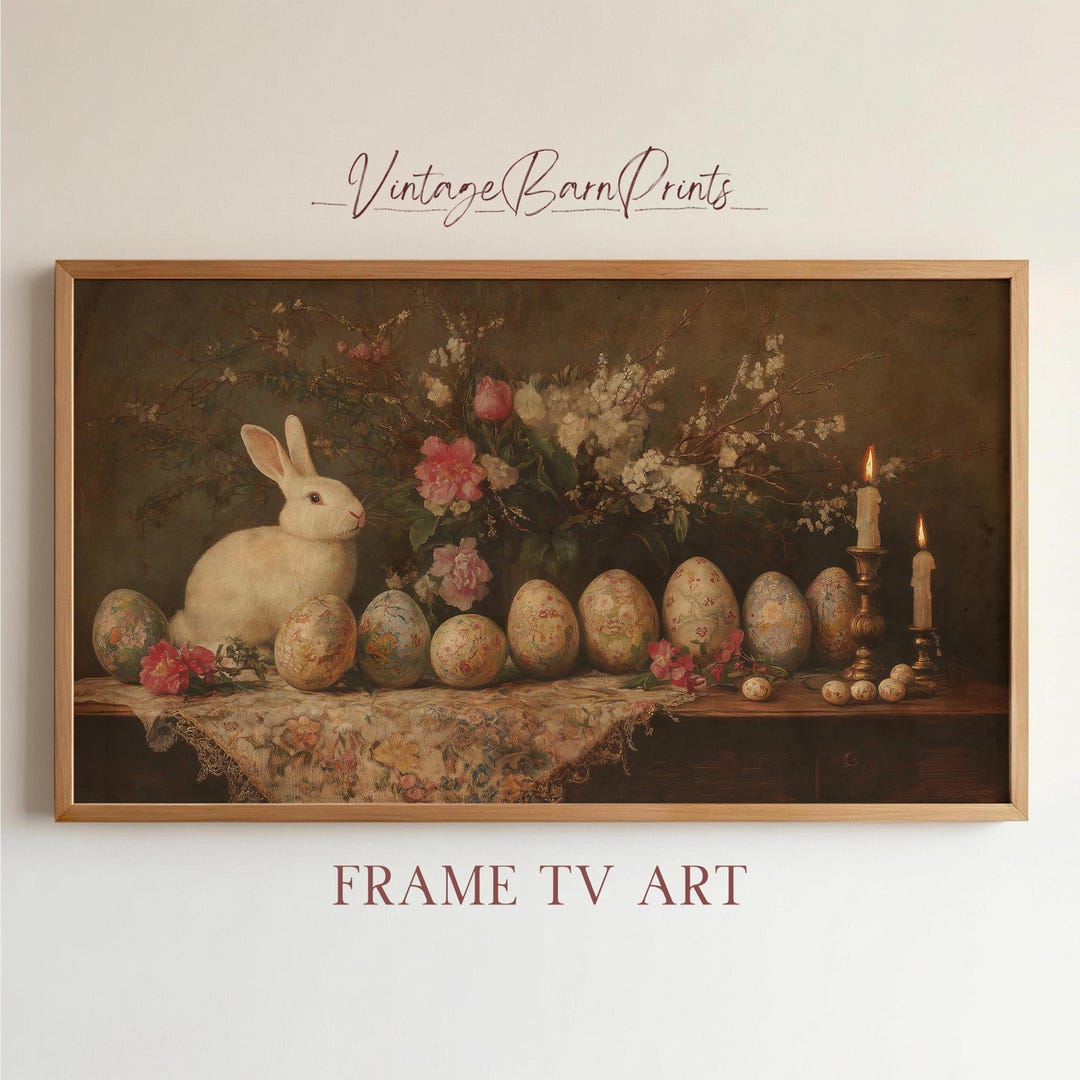 Vintage Easter Bunny Frame TV Art, Rustic Floral Still Life, Antique ...