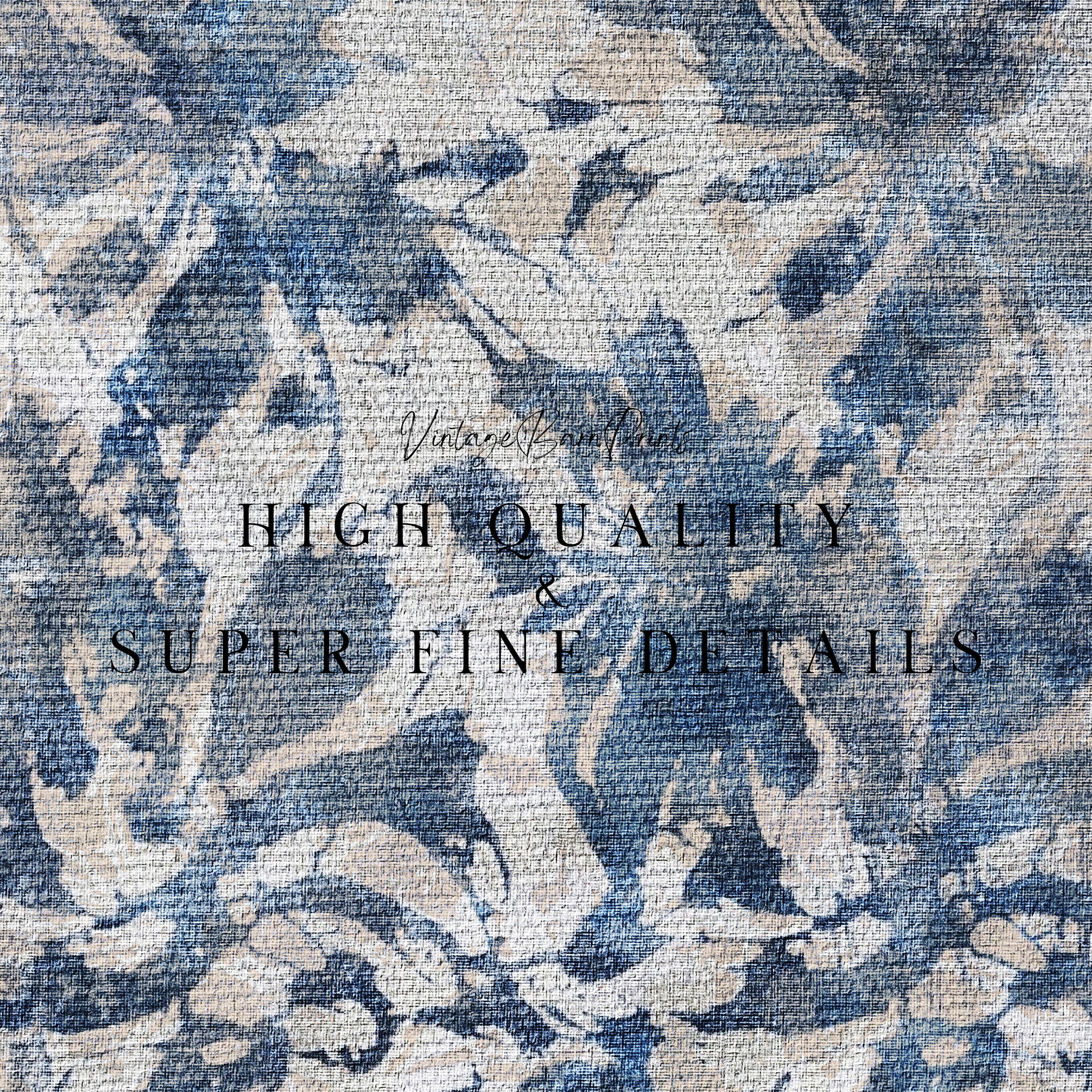 Muted Vintage Textile Art Print, Neutral Abstract Floral Pattern, Blue ...