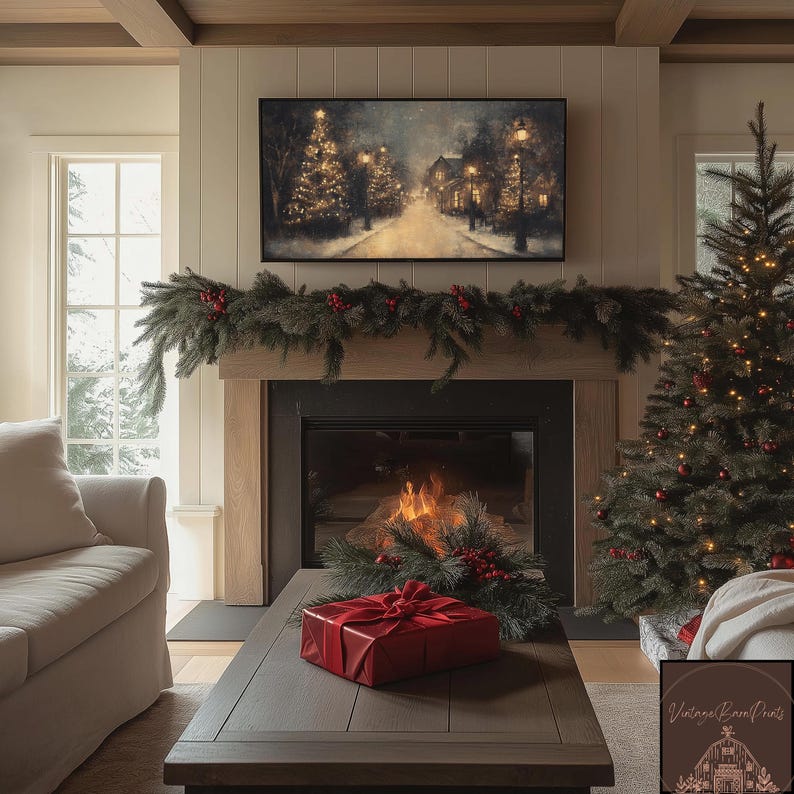 Vintage Christmas Winter Village Scene Frame TV Art Painting, Cozy ...