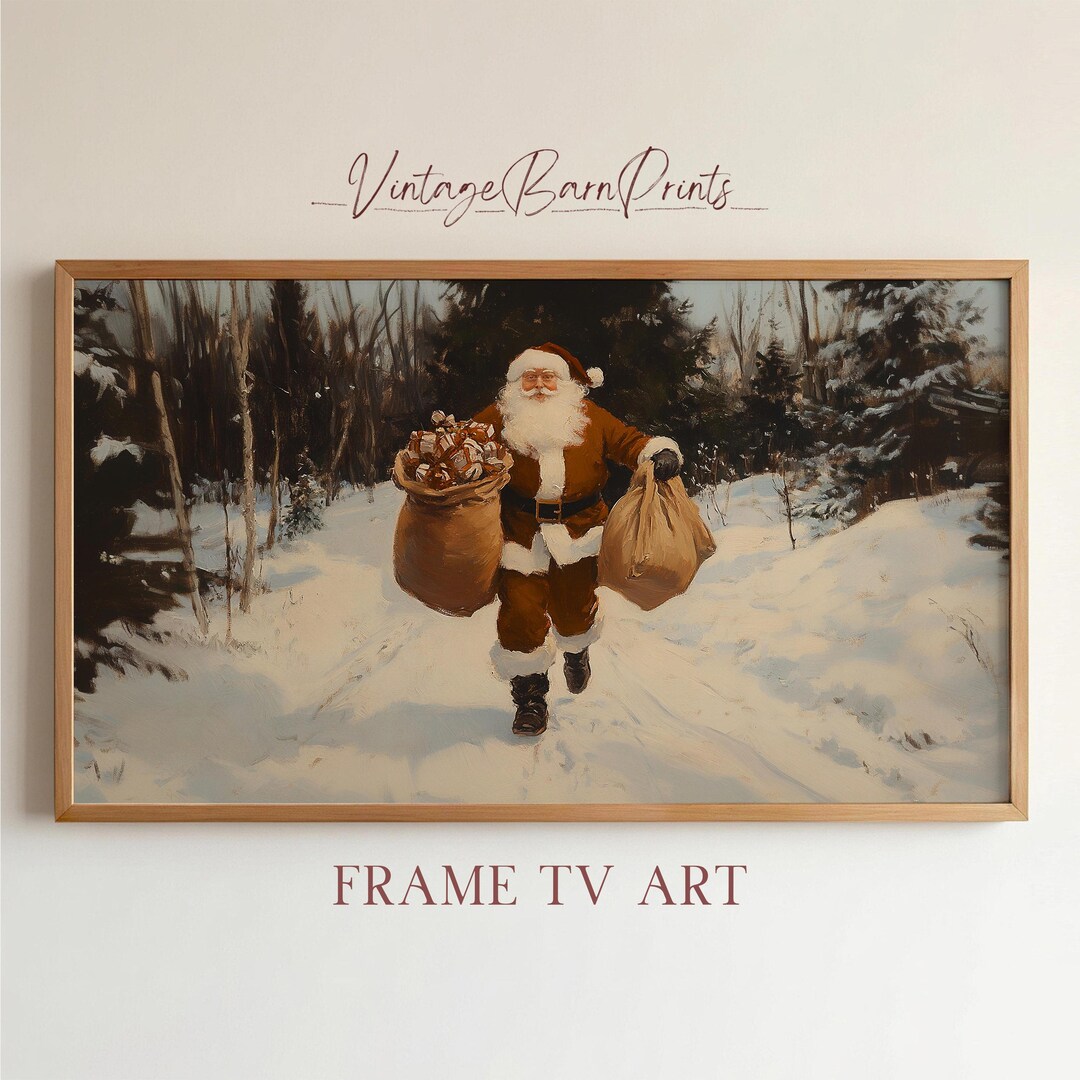 Vintage Santa Claus With Gifts Painting Frame TV Art, Rustic Holiday ...