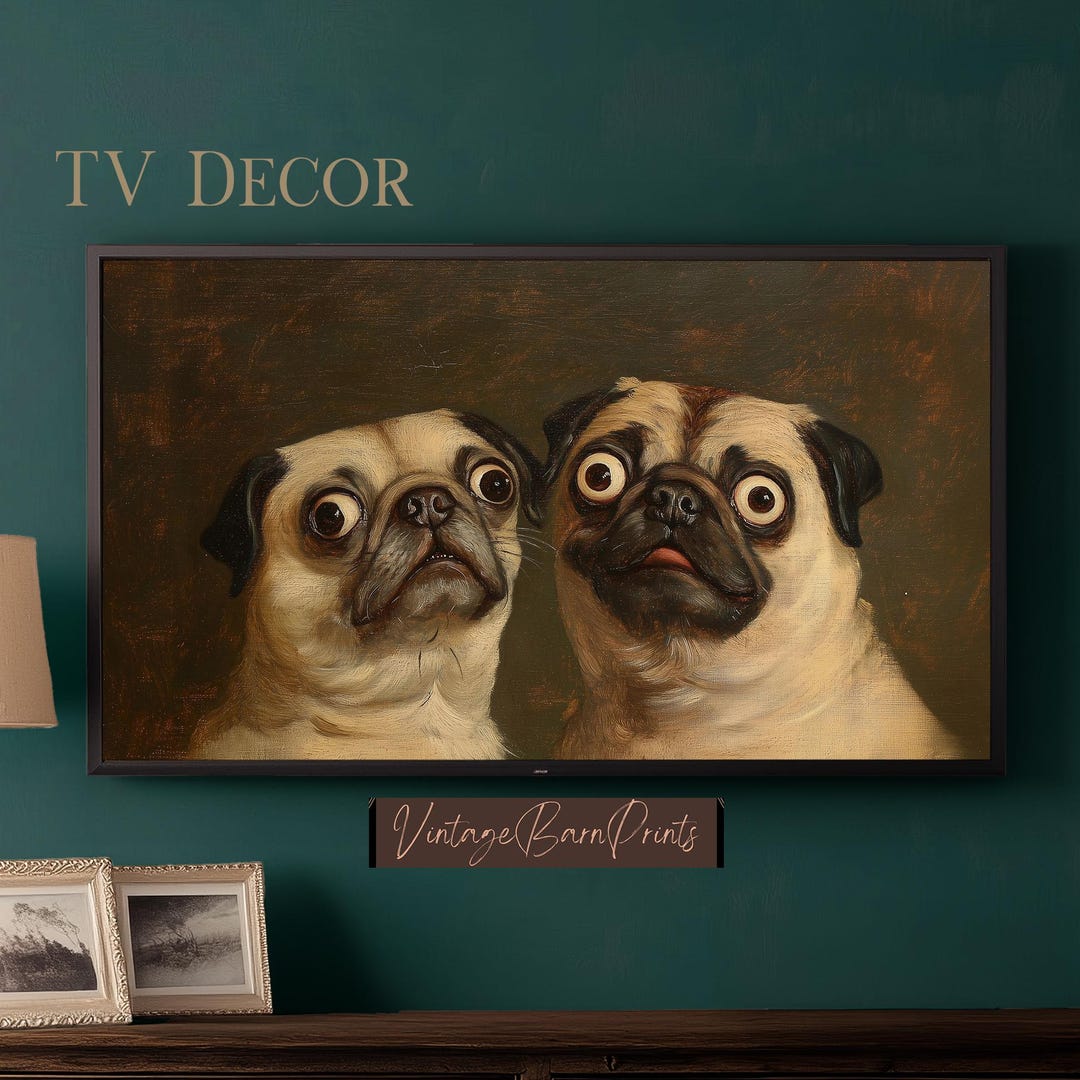 Funny Pug Dog Frame TV Art, Weird Vintage Animal Portrait, Quirky Pet ...