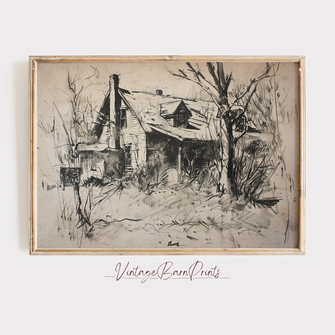 Vintage Farmhouse Sketch, Cottage Drawing Decor, Antique Country House ...