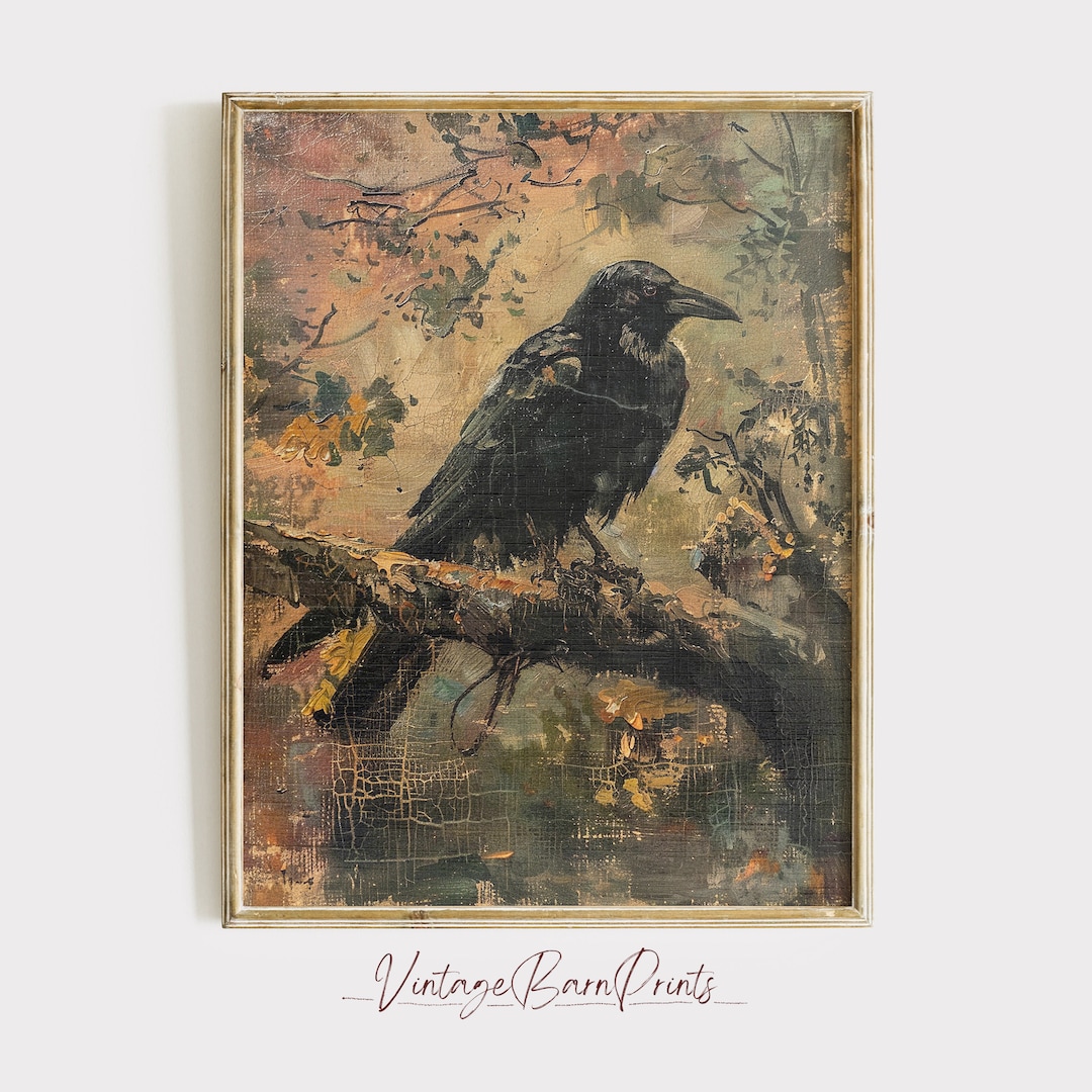 Vintage Crow Oil Painting, Rustic Antique Bird Art Print, Chinese ...