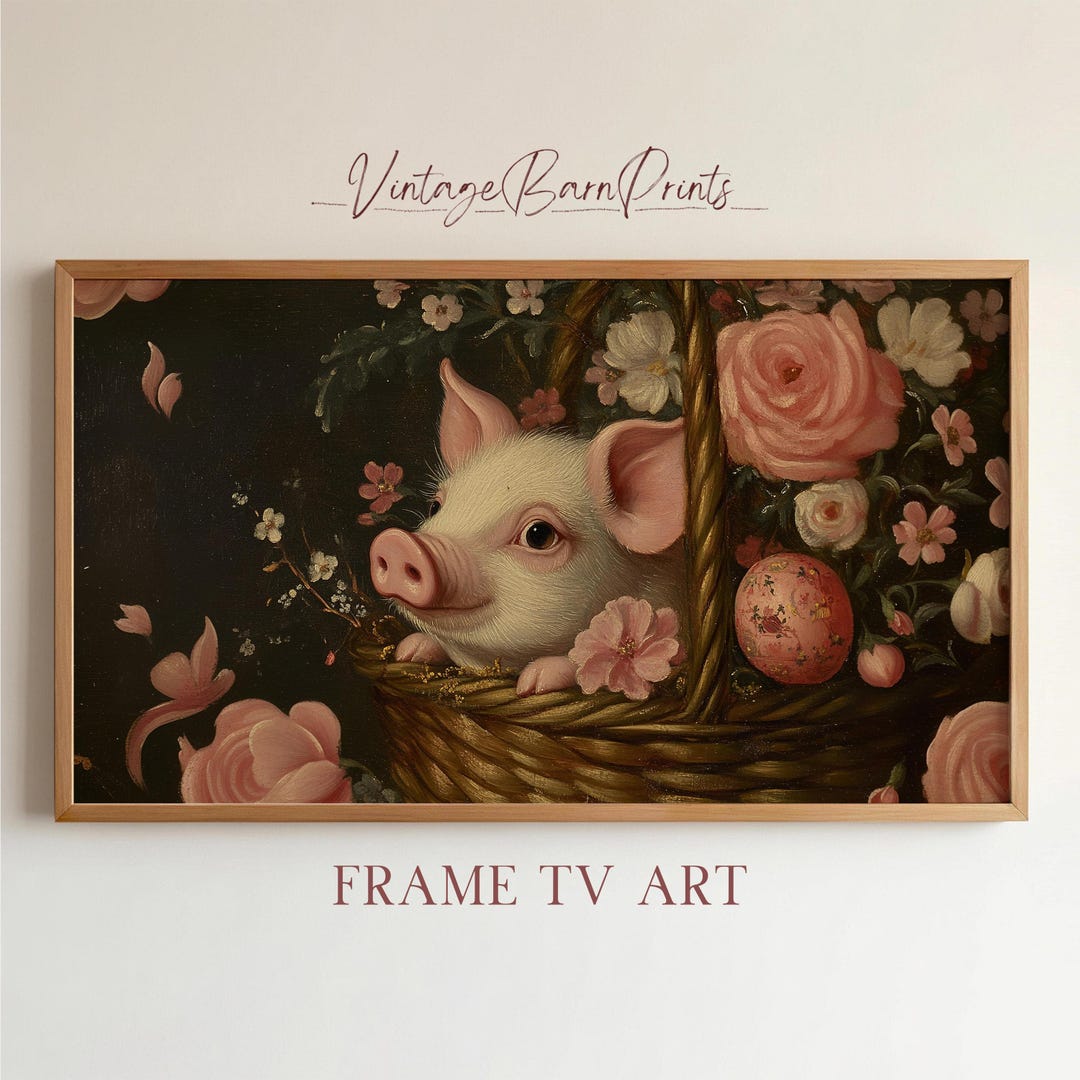 Vintage Easter Piglet Frame TV Art, Floral Basket Pig Painting, Pink ...