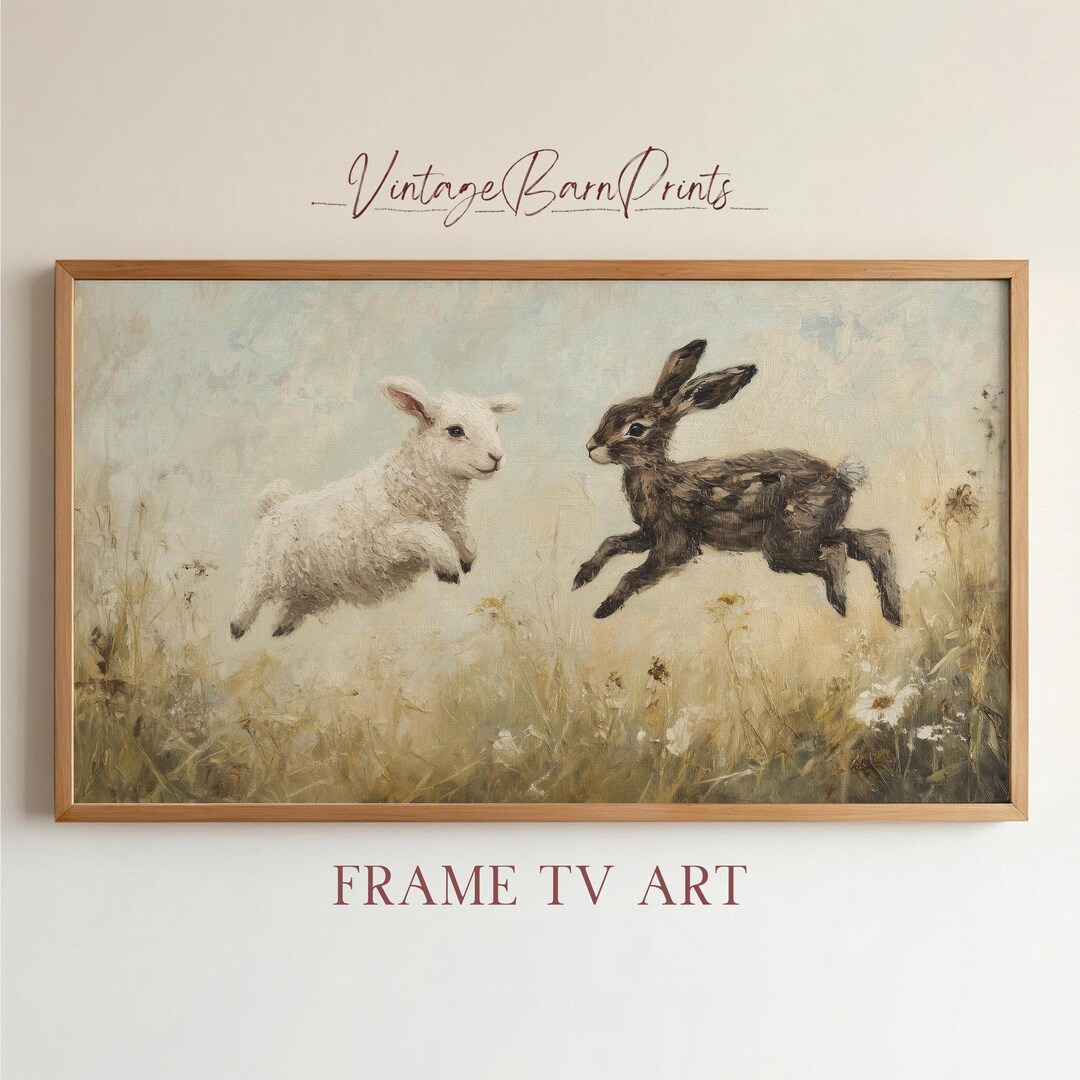Easter Farm Animal Frame TV Art, Rustic Lamb and Bunny Oil Painting ...