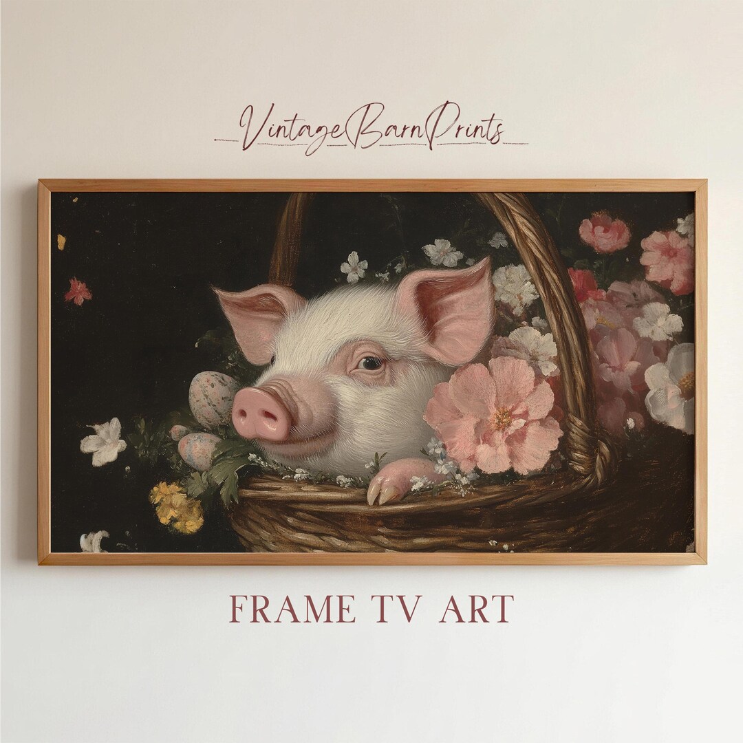 Vintage Easter Piglet Frame TV Art, Floral Basket Pig Painting, Spring ...