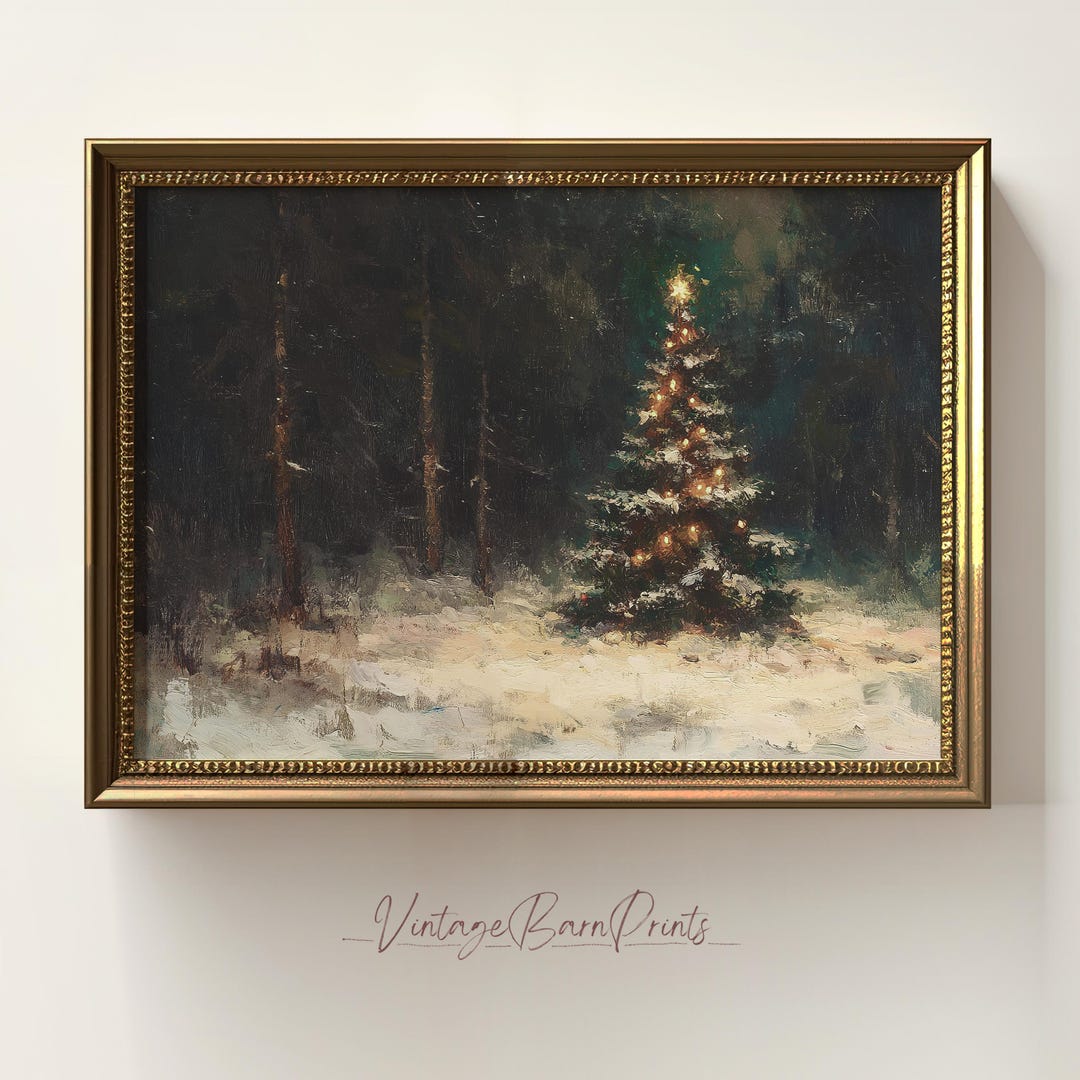 Vintage Christmas Winter Painting Print, Nostalgic Snowy Forest Scene ...