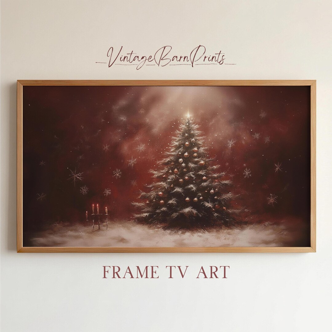 Vintage Christmas Tree Painting Frame TV Art, Moody Red and Rustic ...