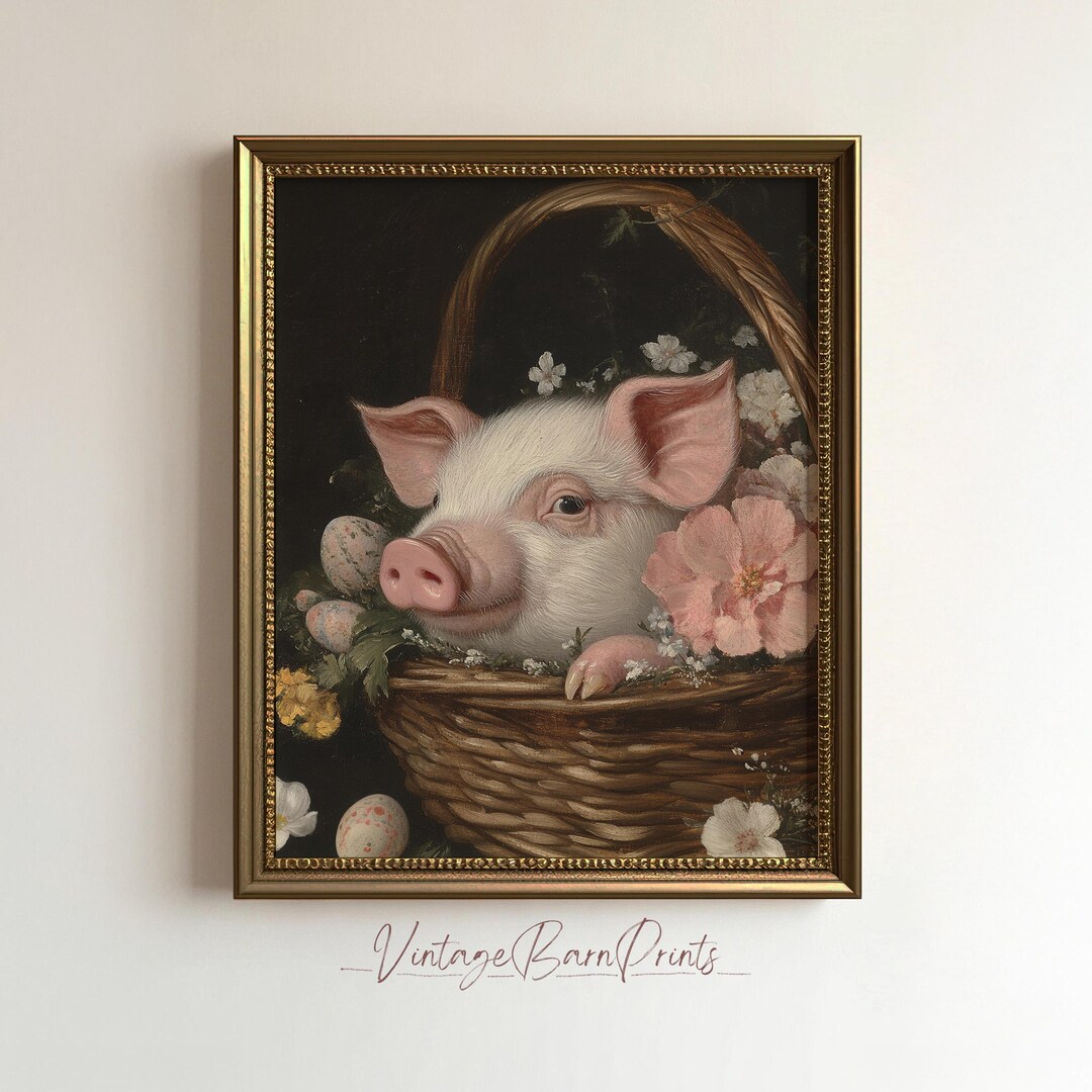 Rustic Piglet Easter Basket Print, Vintage Floral Pig Wall Art, Easter ...