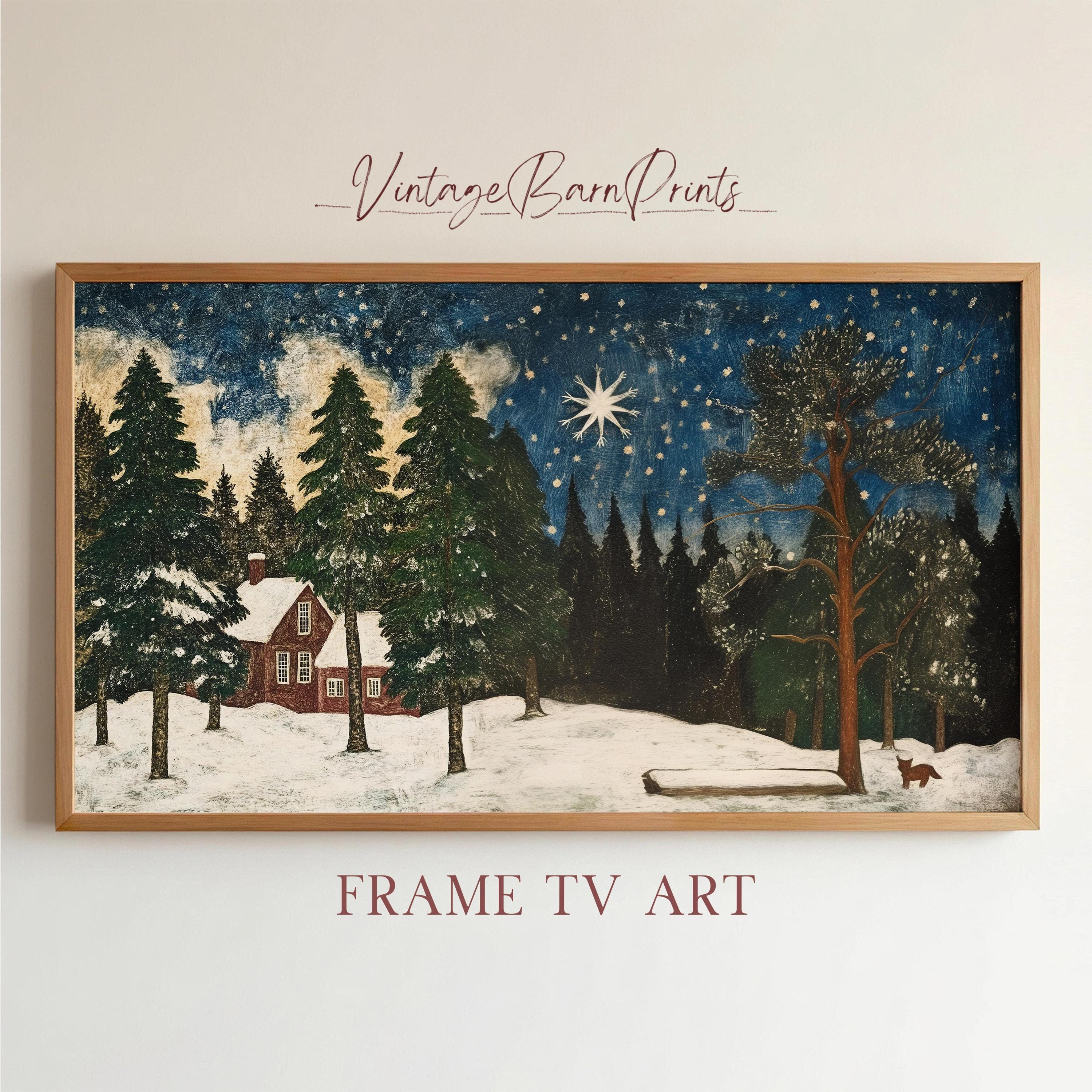Christmas Winter Cabin Scene Frame TV Art Painting, Holiday Snowy ...