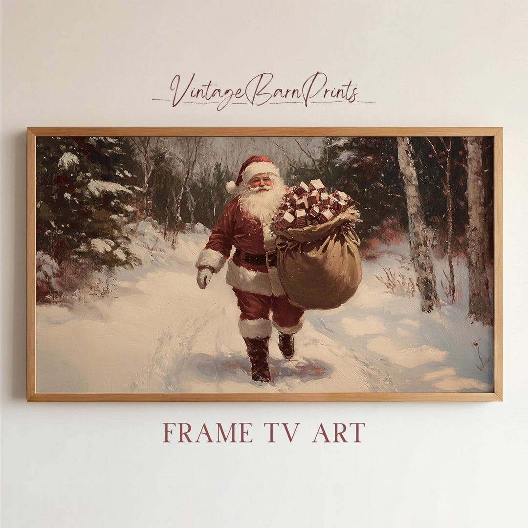 Santa Claus With Gifts Painting Frame TV Art, Vintage Christmas Decor ...