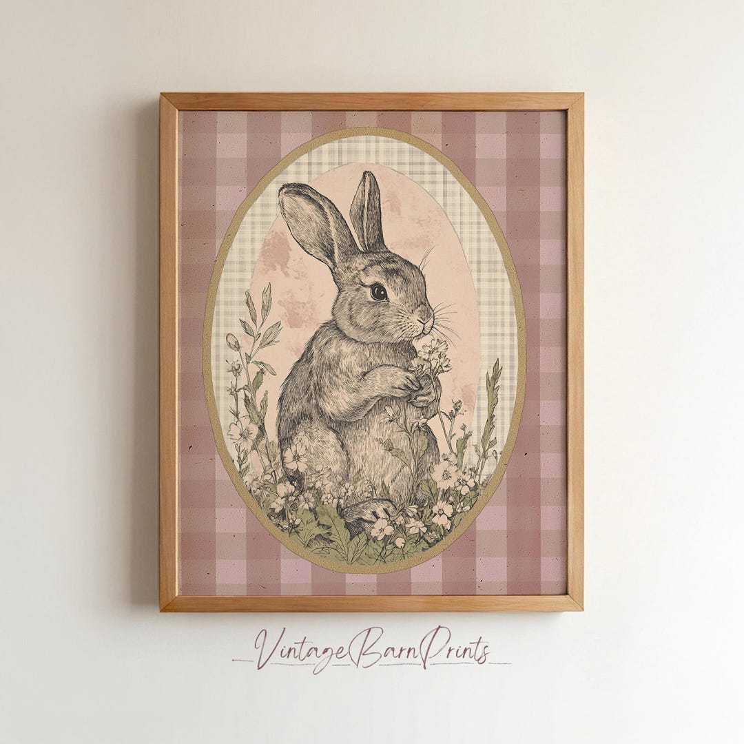 Vintage Bunny Wall Art, Blush Pink Farmhouse Decor, Antique Rabbit ...