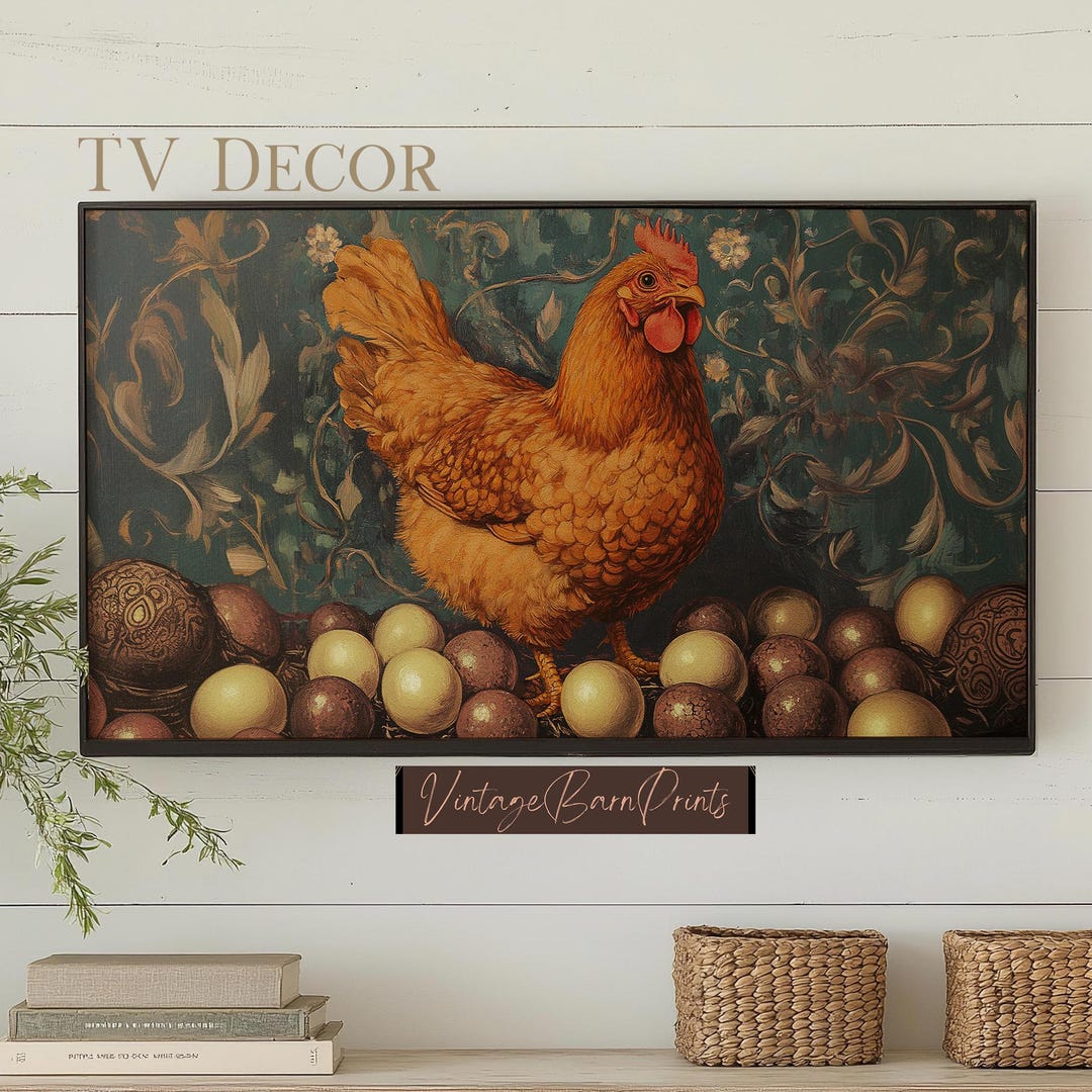 Golden Chicken Frame TV Art, Vintage Farm Animal Painting, Easter Egg ...