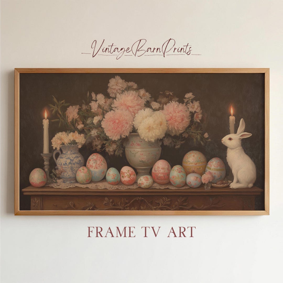 Vintage Easter Bunny Frame TV Art, Floral Candlelight Still Life ...