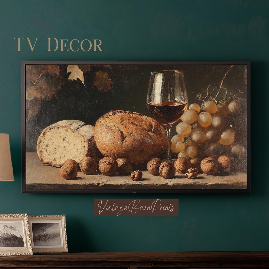 Vintage Still Life Frame TV Art, Rustic Wine & Bread Painting, Dark ...
