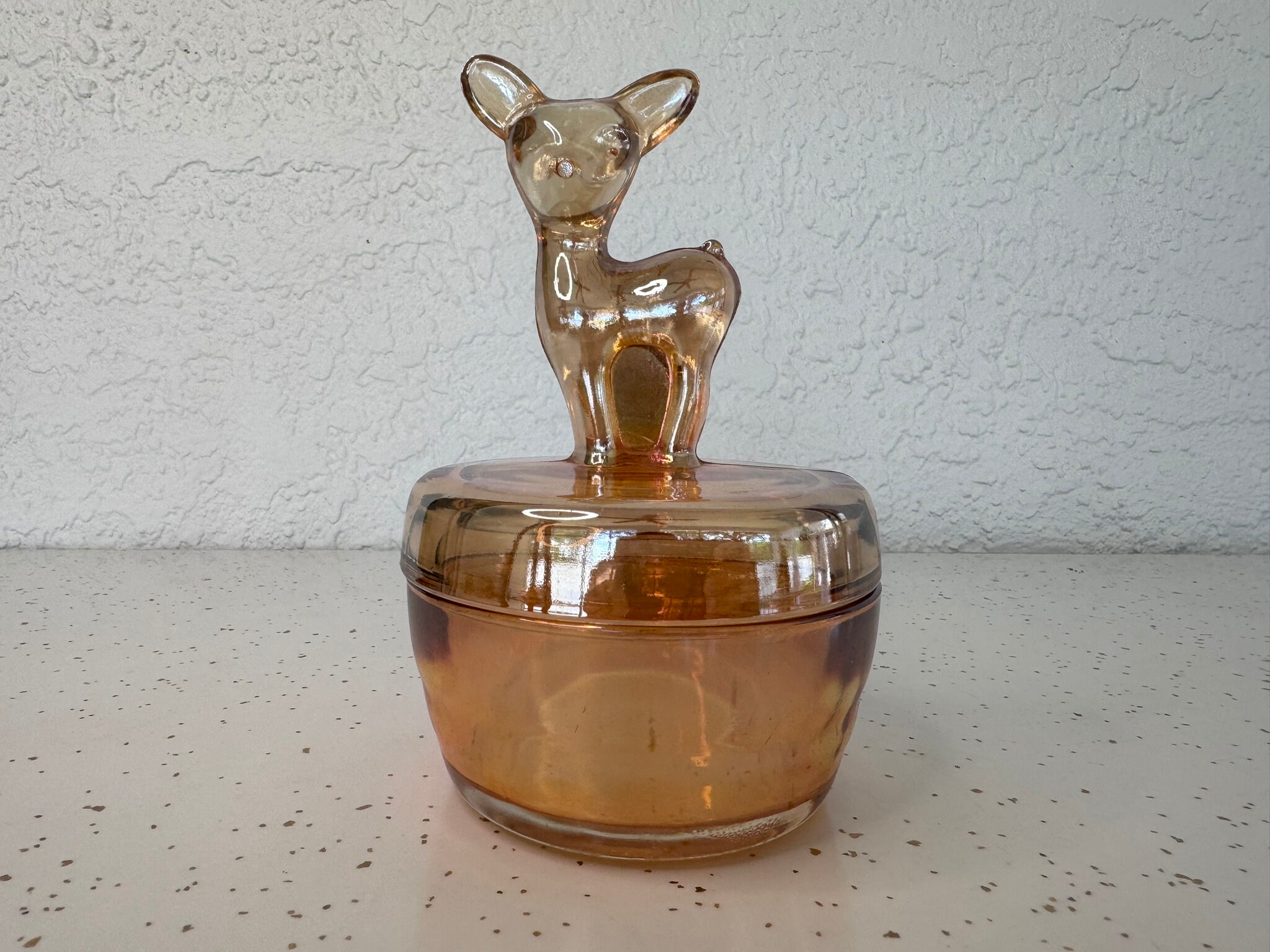 Vintage Jeanette Marigold Carnival Glass Powder Dish With Deer Top ...