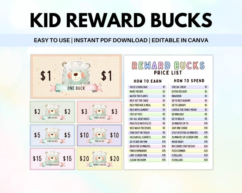Kids Reward Bucks Printable, Chore Bucks, Kids Reward Coupons, Pastel ...