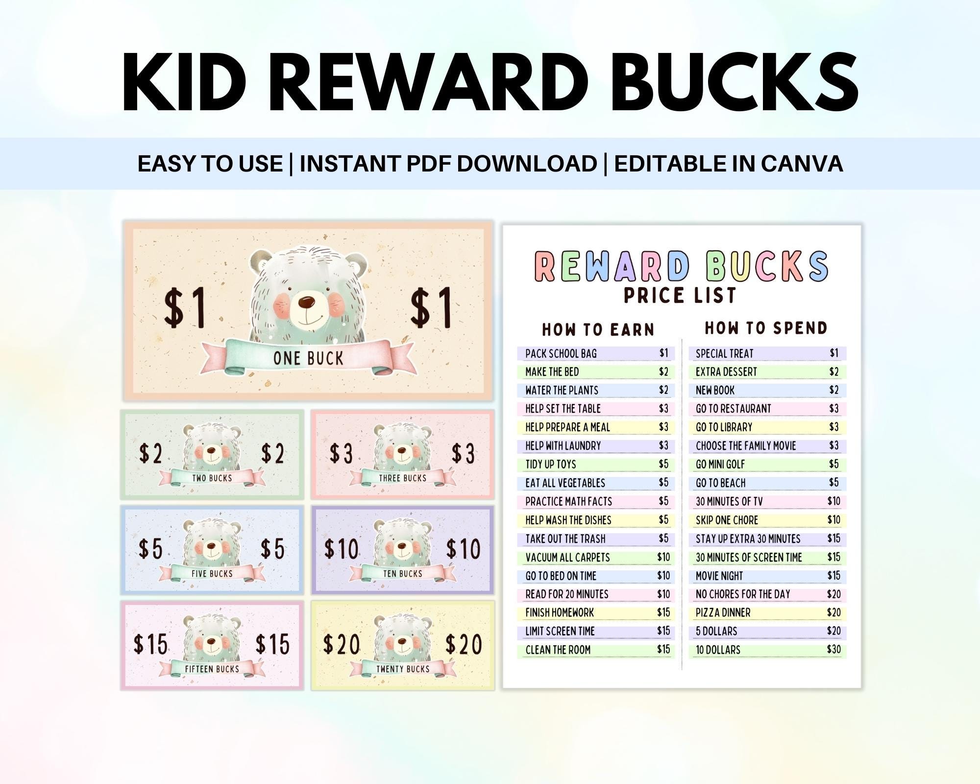 Kids Reward Bucks Printable, Chore Bucks, Kids Reward Coupons, Pastel ...