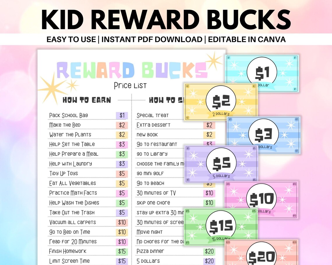 Kids Reward Bucks Printable, Chore Bucks, Kids Reward Coupons, Mom ...
