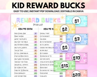 EDITABLE Kids Reward Bucks Printable, Kids Reward Chore Bucks ...