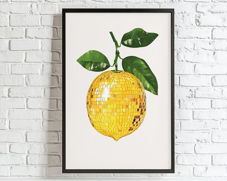 Lemon Disco Ball Art Print Retro Mirrorball Wall Art, Maximalist Glam ...