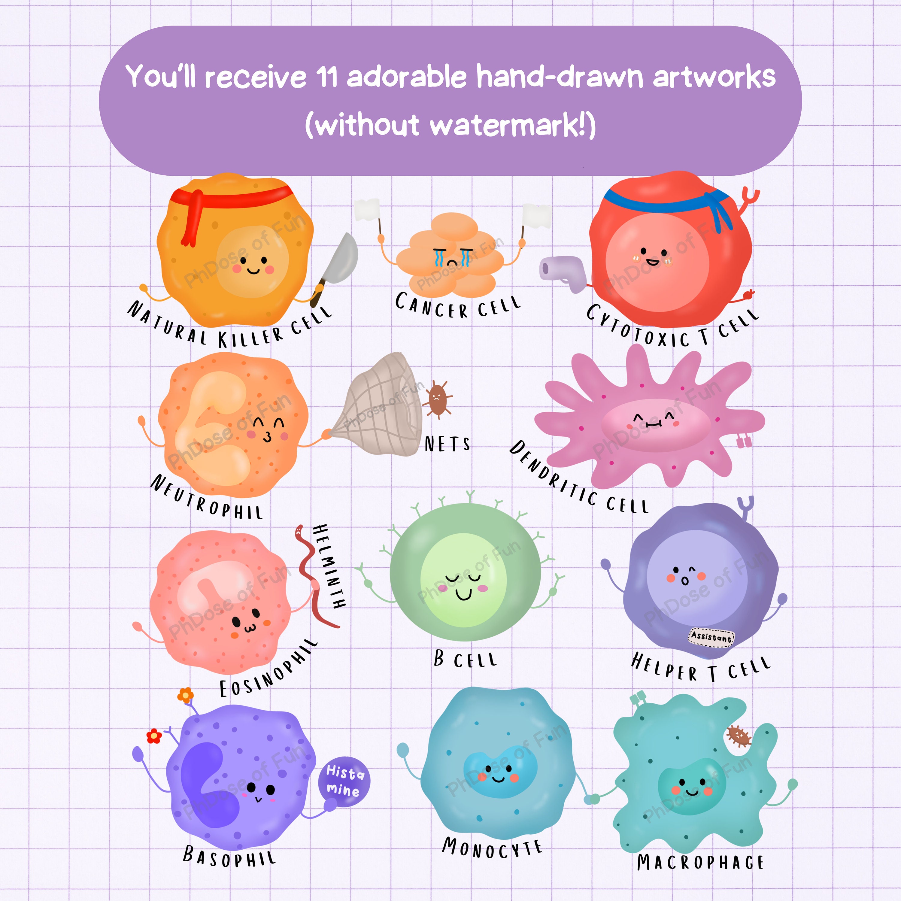 Cute White Blood Cell Stickers Digital Immune Cell Images Clip Arts ...