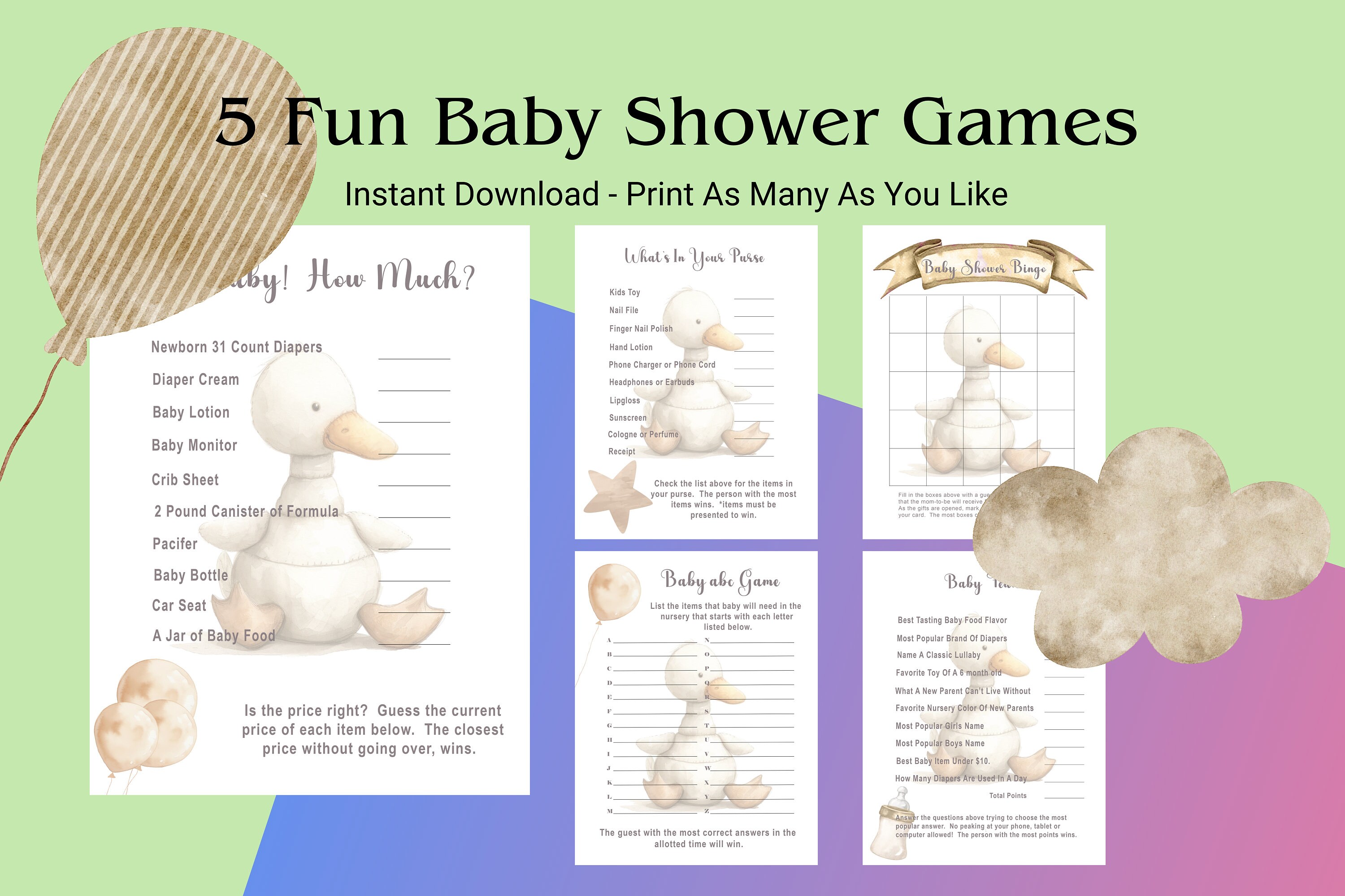 Baby Shower Game Bundle, Baby Shower Game Kit, Printable Baby Shower ...