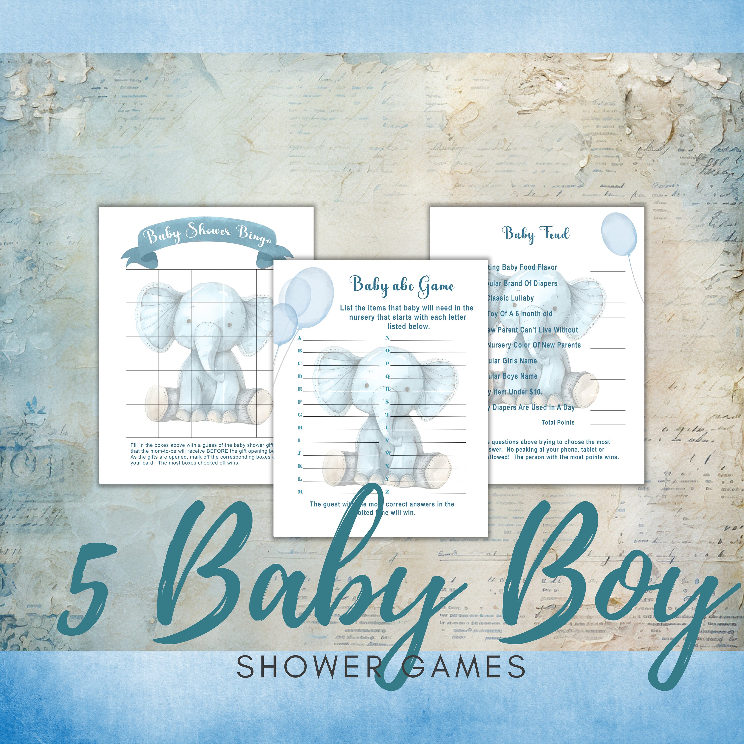 Baby Shower Game Bundle, Baby Boy Shower Game Kit, Printable Baby ...