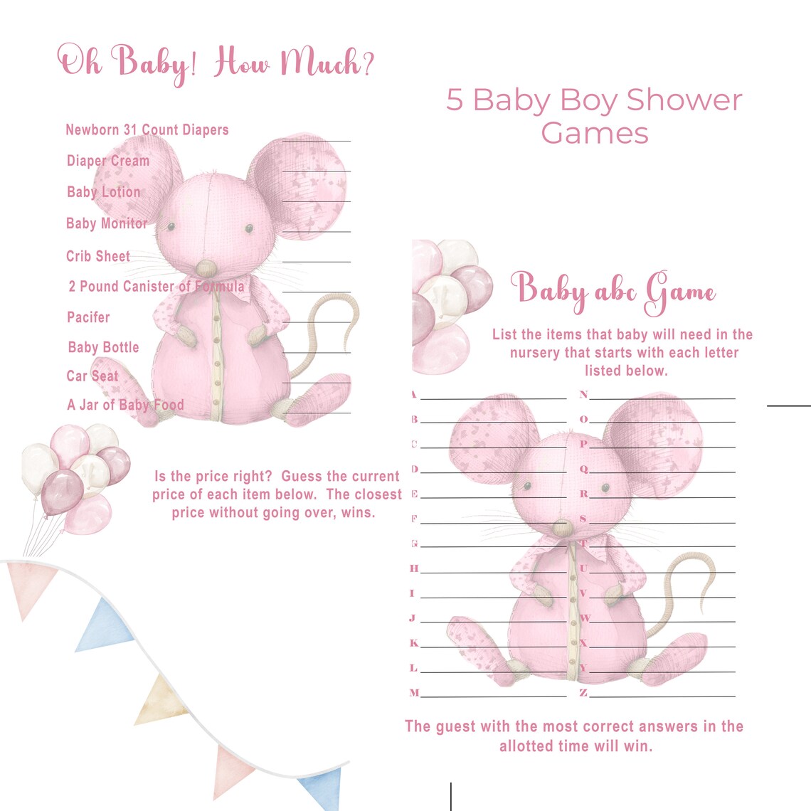 Baby Shower Game Bundle, Baby Girl Shower Game Kit, Printable Baby ...