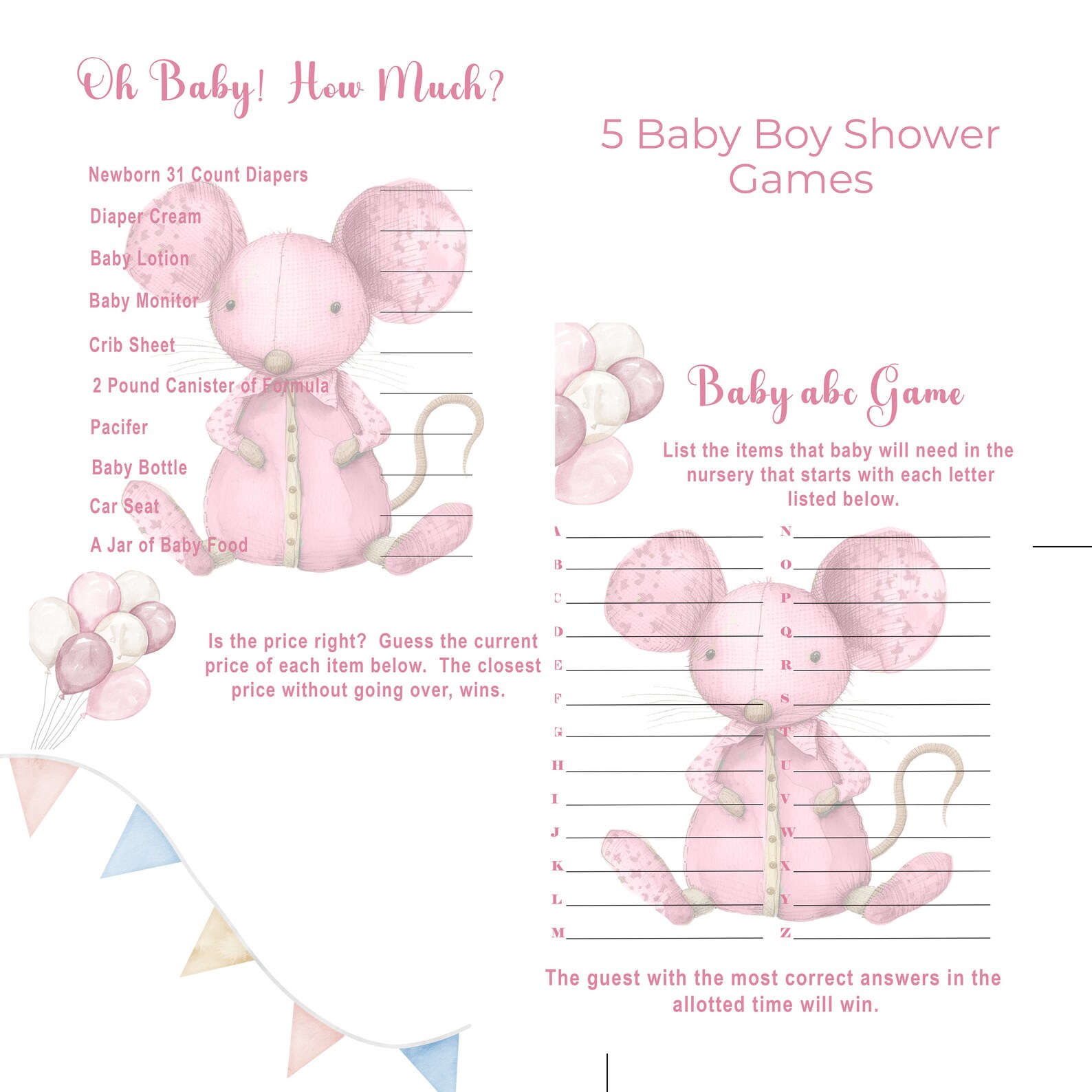 Baby Shower Game Bundle, Baby Girl Shower Game Kit, Printable Baby ...