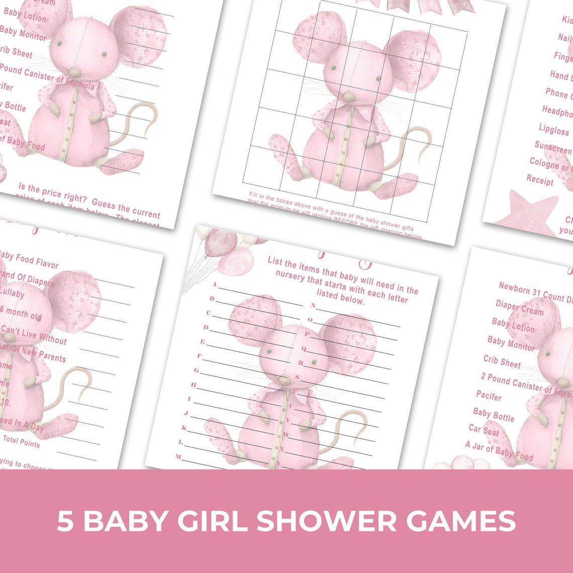 Baby Shower Game Bundle, Baby Girl Shower Game Kit, Printable Baby ...