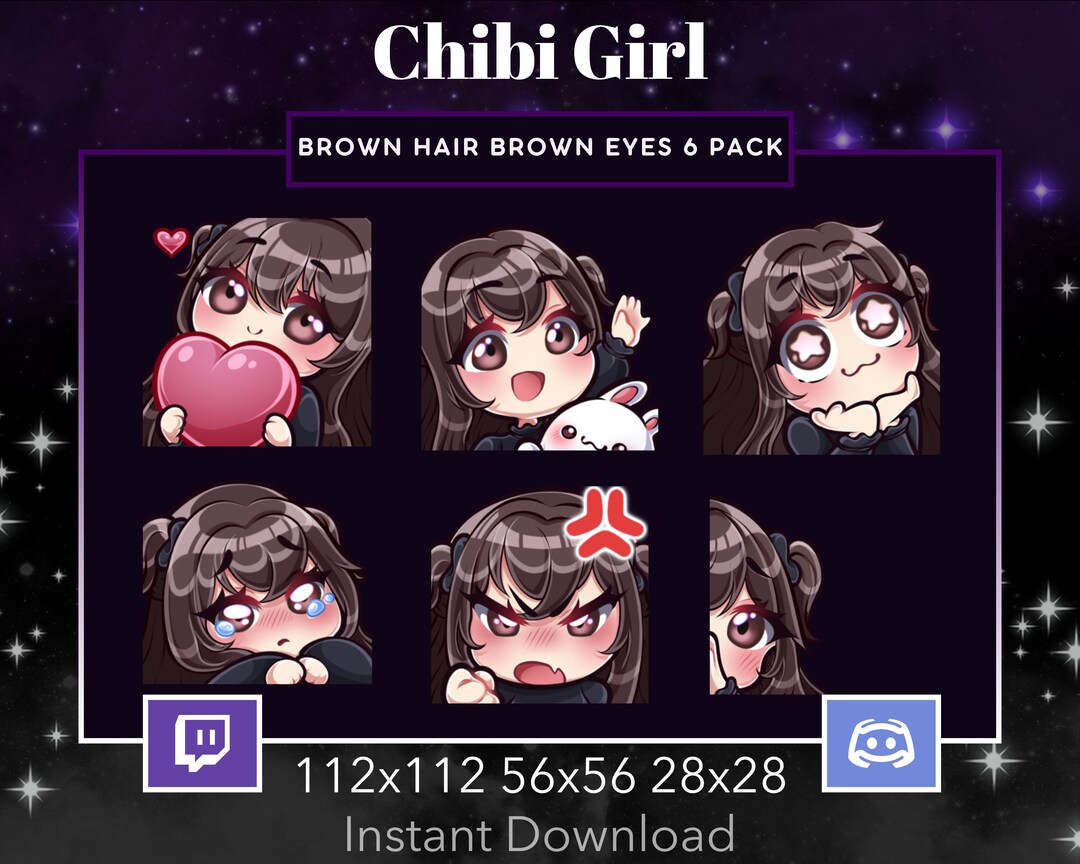 Chibi Girl Pack Set Emote, Twitch, Discord, Stream, Manga, Anime, Brown ...